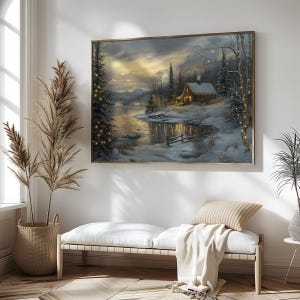 Vintage Christmas Cabin Art Print, Snowy Trees Wall Art, Christmas Wall ...