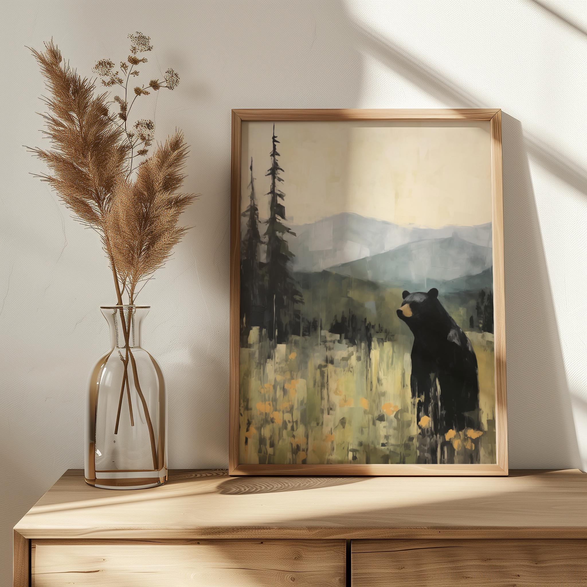 Muted Black Bear Wall Art Flower Landscape Painting Black Bear Print ...