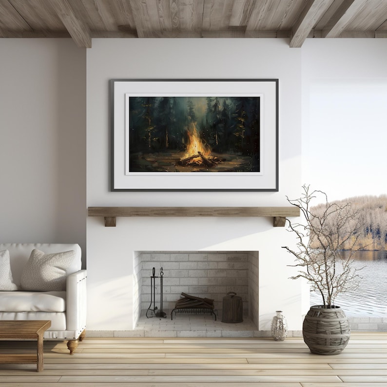 Rustic Campfire Art Print, Vintage Forest Painting, Moody Pine Tree ...