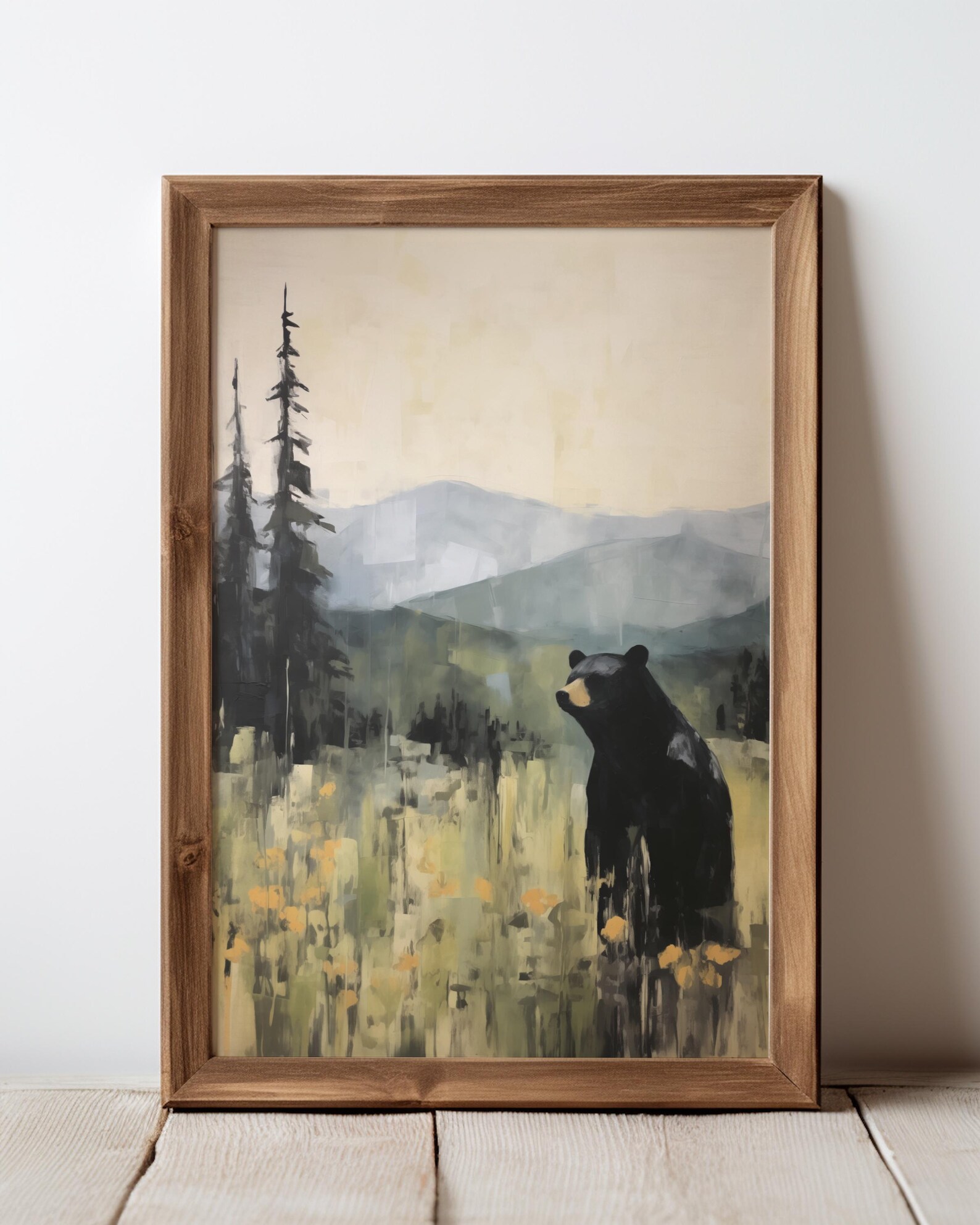 Muted Black Bear Wall Art Flower Landscape Painting Black Bear Print ...