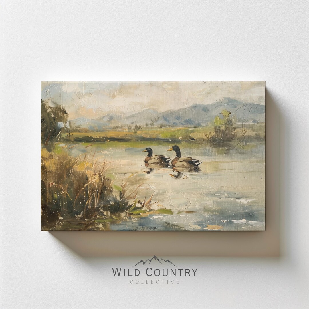 Rustic Duck Pond Canvas, Vintage Mallard Duck Painting, Farmhouse Decor ...