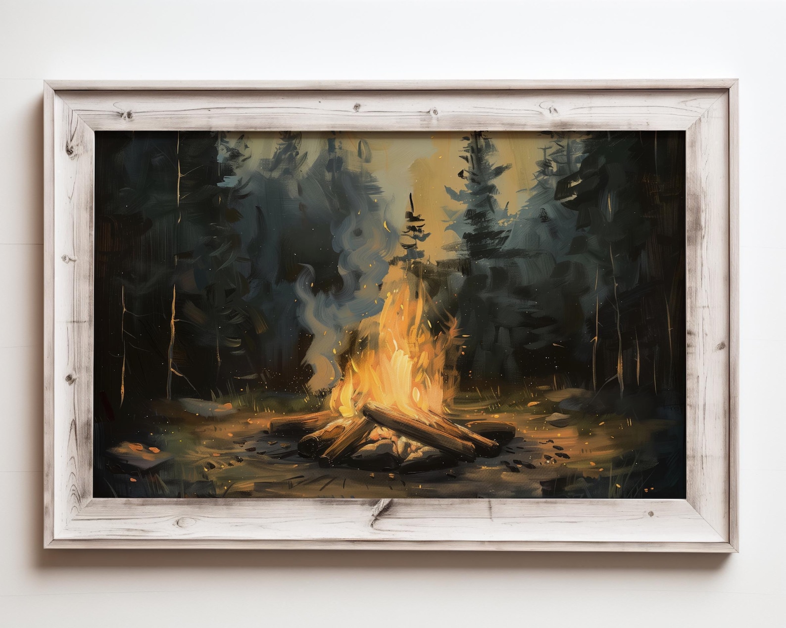 Vintage Campfire Wall Art Print, Dark Forest Painting, Rustic Wall Art ...
