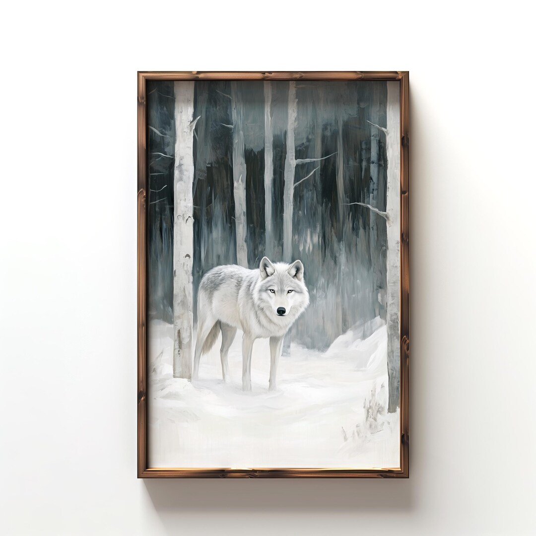 Printable Gray Wolf Painting, Snowy Forest Decor, Moody Wolf Art Print ...