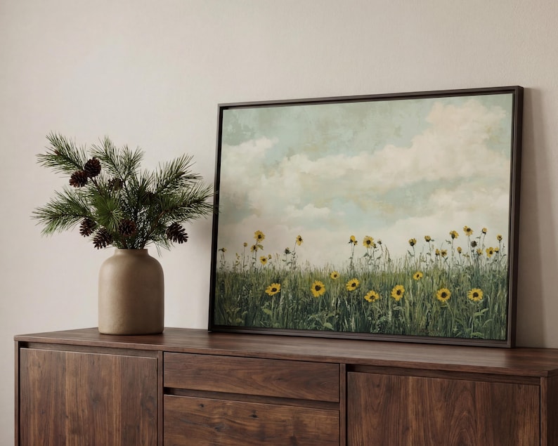 Framed Sunflower Field Print Canvas Farmhouse Summer Meadow Floral Wall ...