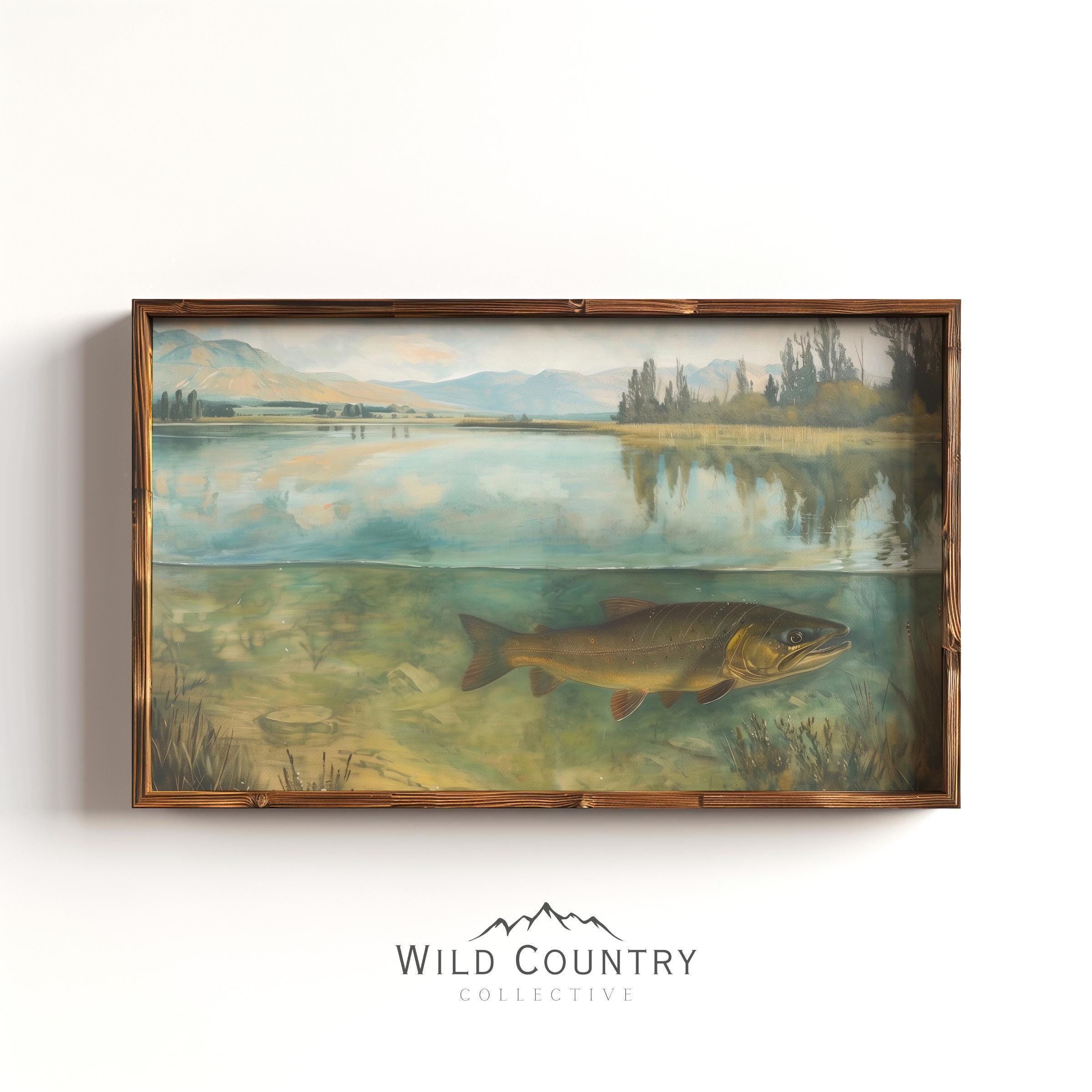 Antique Trout Poster Print, Rustic Lake Landscape Oil Painting ...