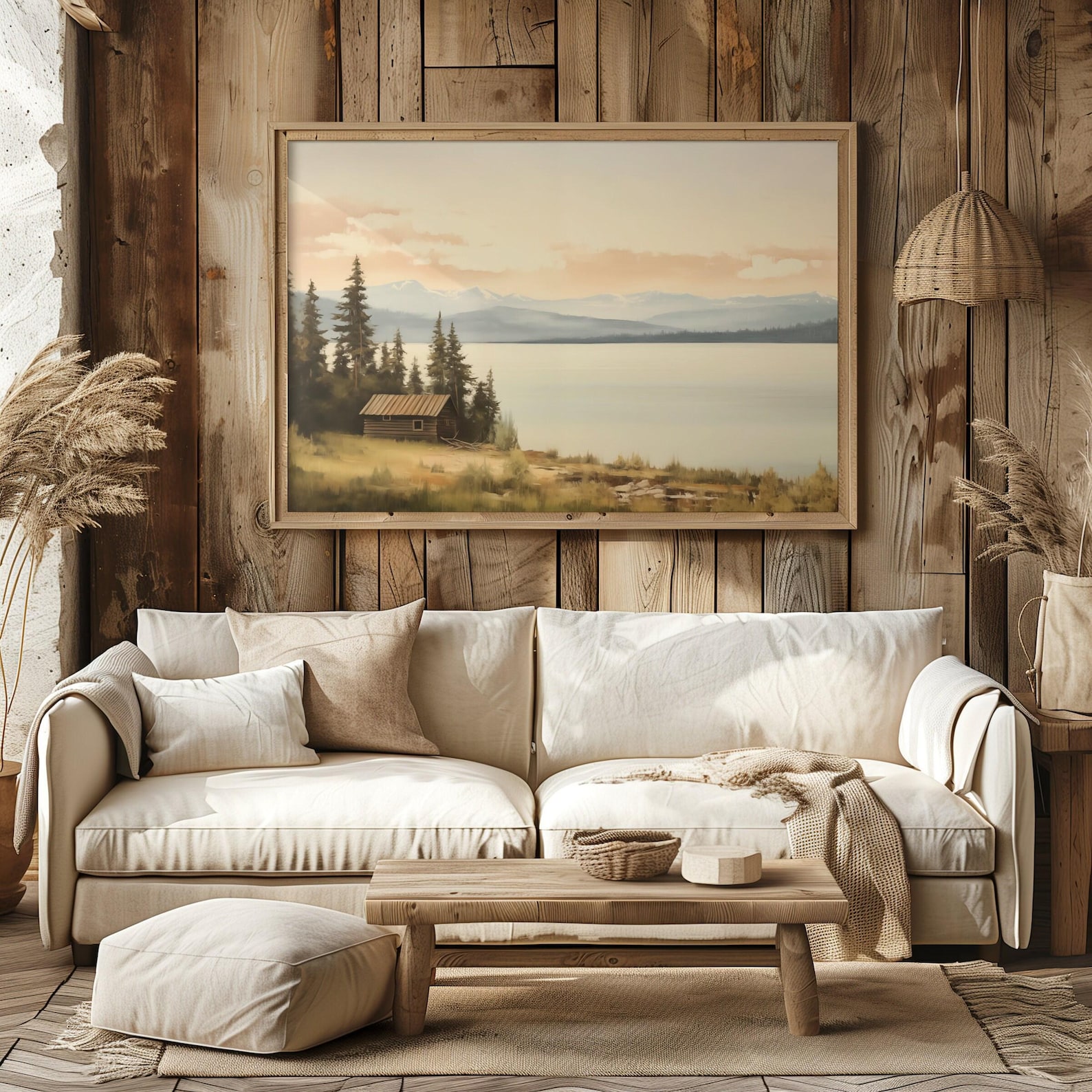 Lake View Log Cabin Oil Painting, Log Cabin Wall Art, Vintage Mountain ...