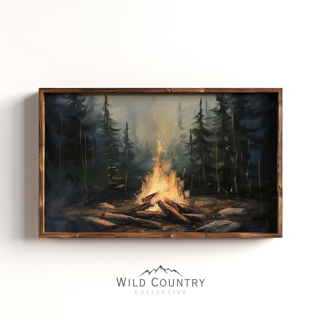 Vintage Campfire Oil Painting, Cabin Wall Decor, Camping Theme Wall Art ...