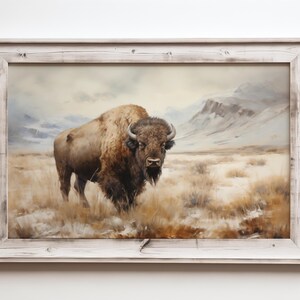American Bison Art Print, Mountain Landscape Painting, Vintage Buffalo ...