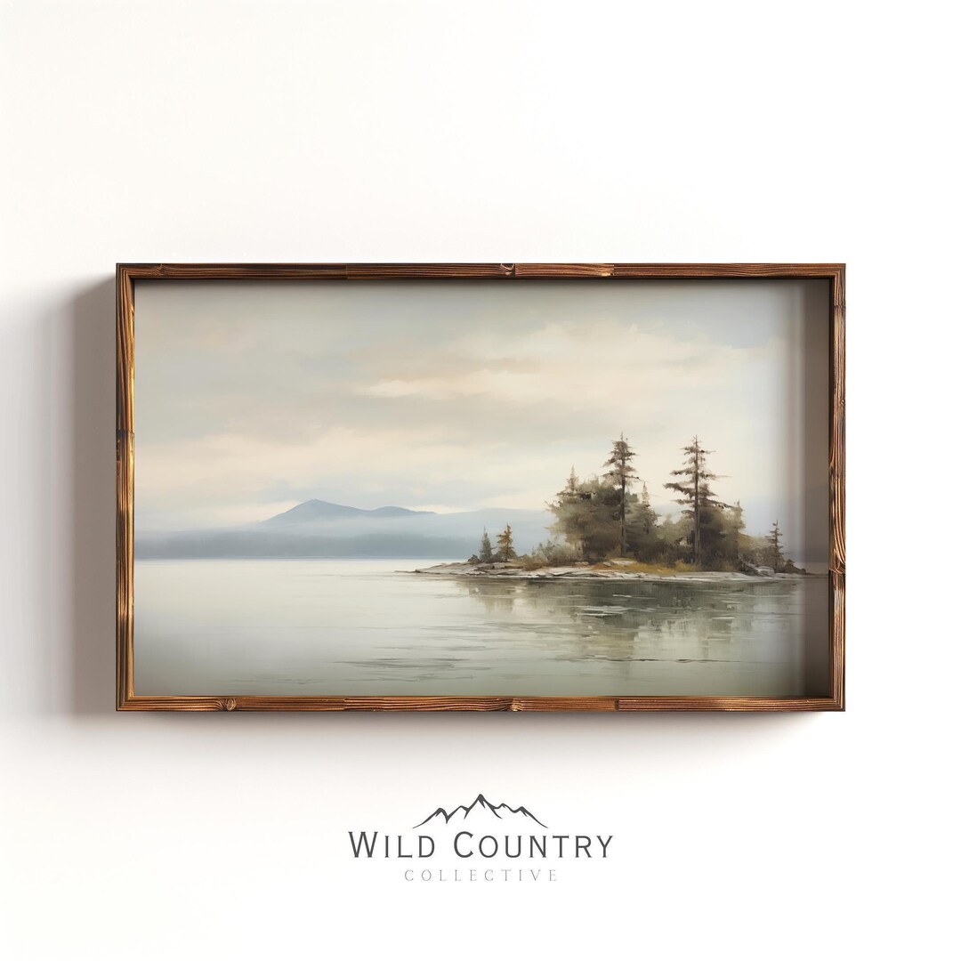 Moody Lake Oil Painting, Vintage Island Poster Print, Muted Mountain ...