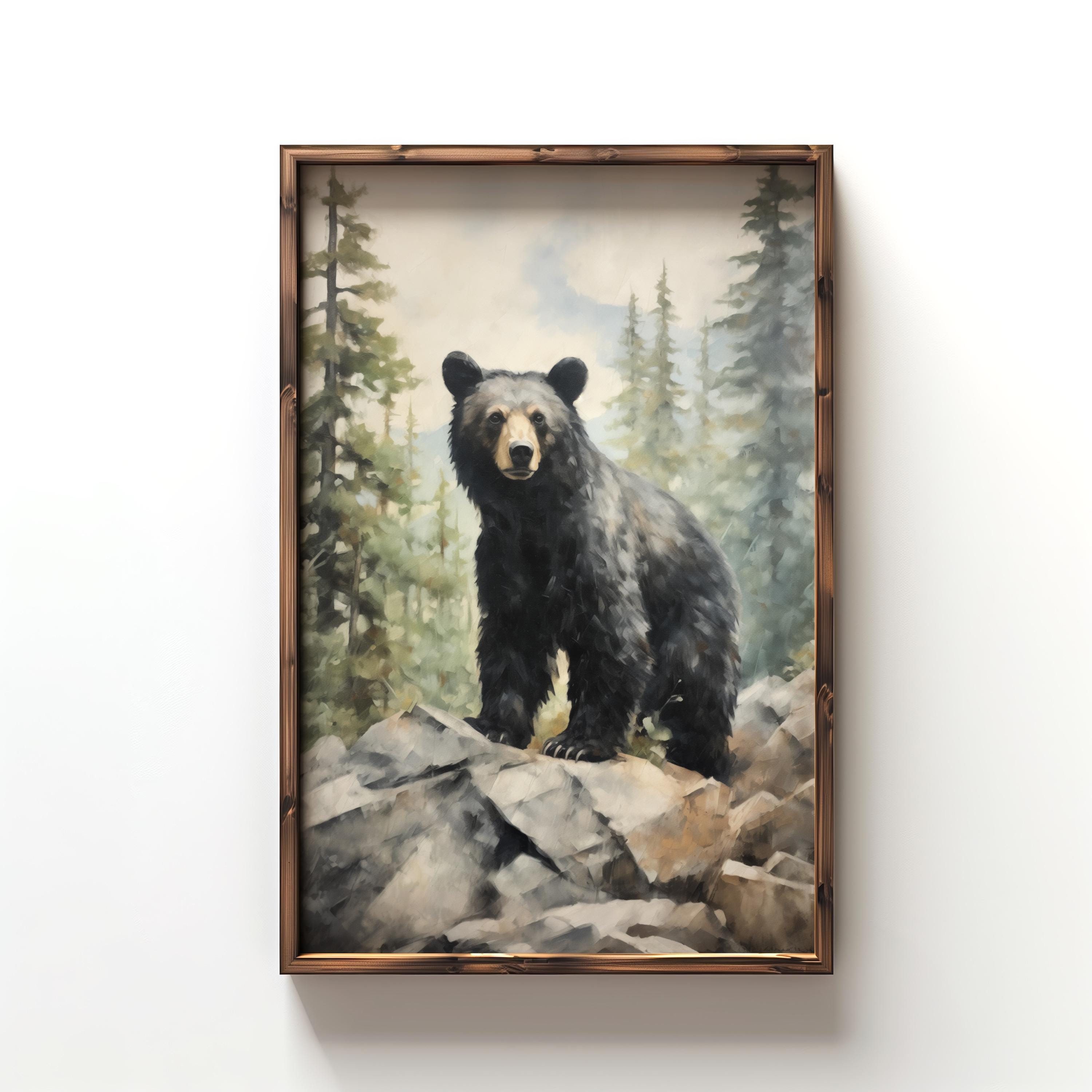 Vintage Black Bear Wall Art Print Rustic Painting Lodge Wildlife ...