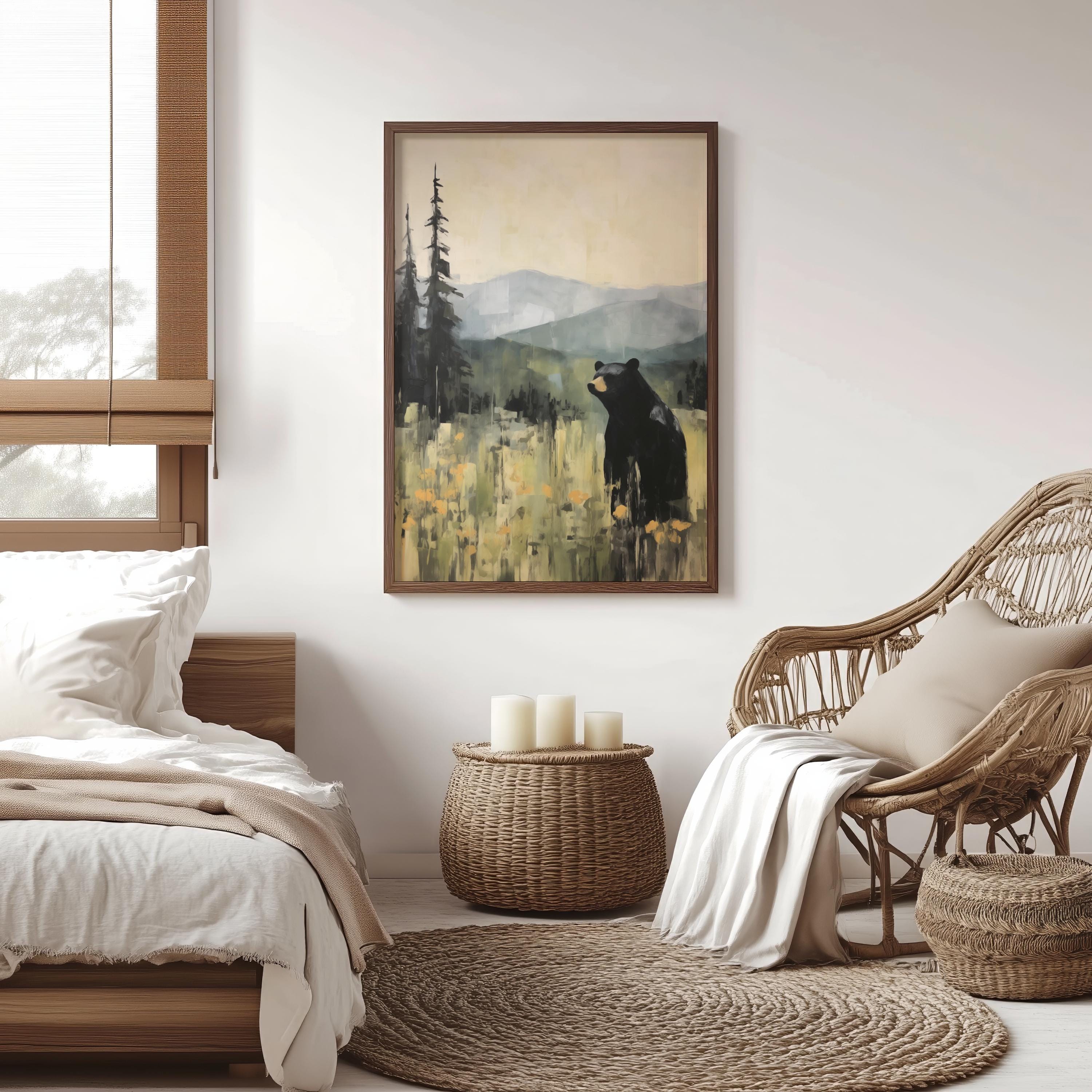 Muted Black Bear Wall Art Flower Landscape Painting Black Bear Print ...