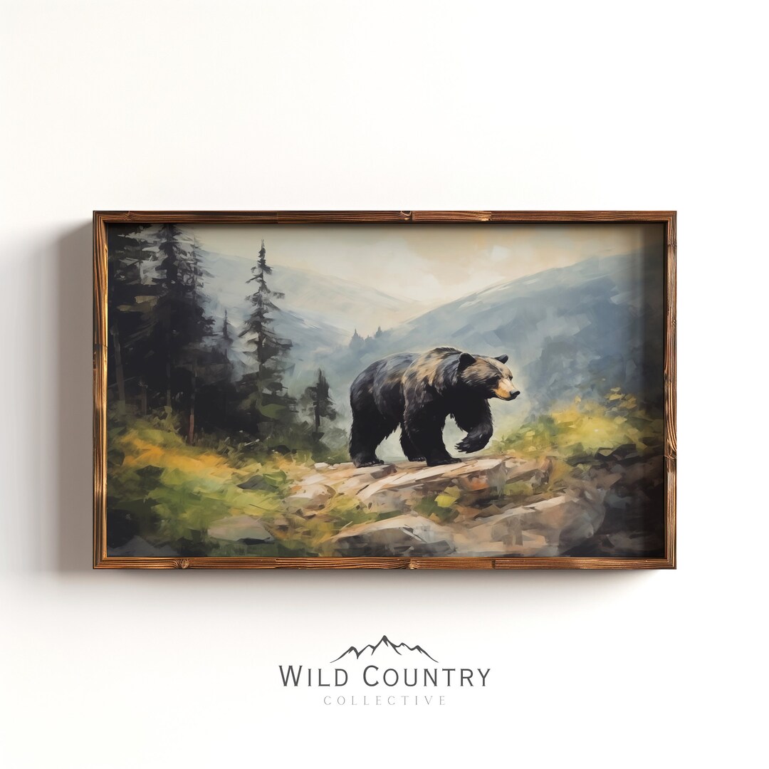 Rustic Black Bear Oil Painting, Woodland Animal Wall Art, Vintage ...