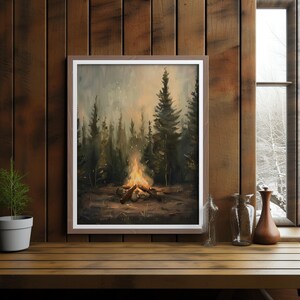 Rustic Campfire Oil Painting, Moody Pine Tree Poster Print, Camping ...
