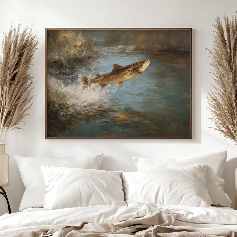 Lake House Wall Art Fish Painting Vintage Trout Fish Print Art for Man ...