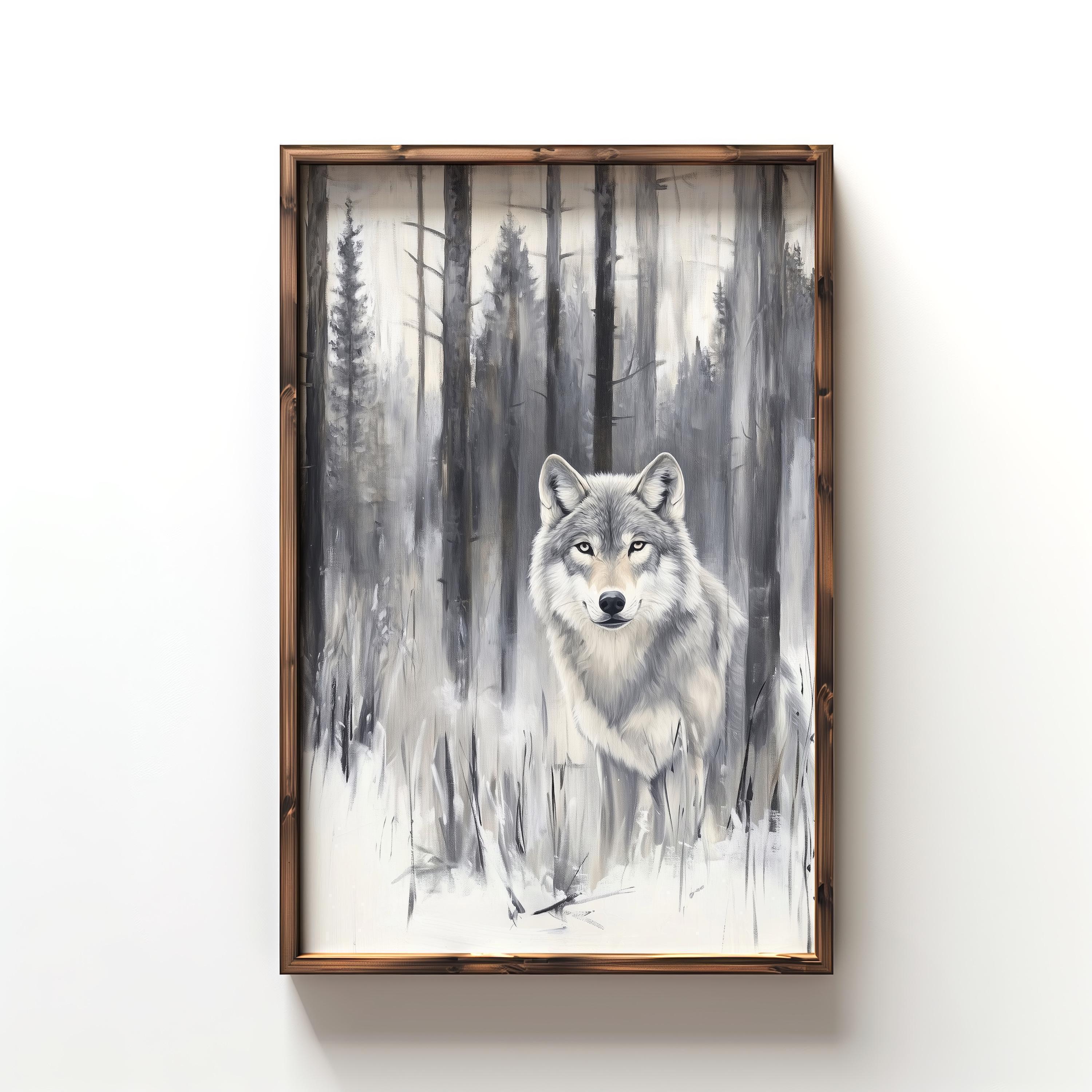 Snowy Wolf Art Print, Wildlife Wall Hanging, Moody Forest Decor, Rustic ...