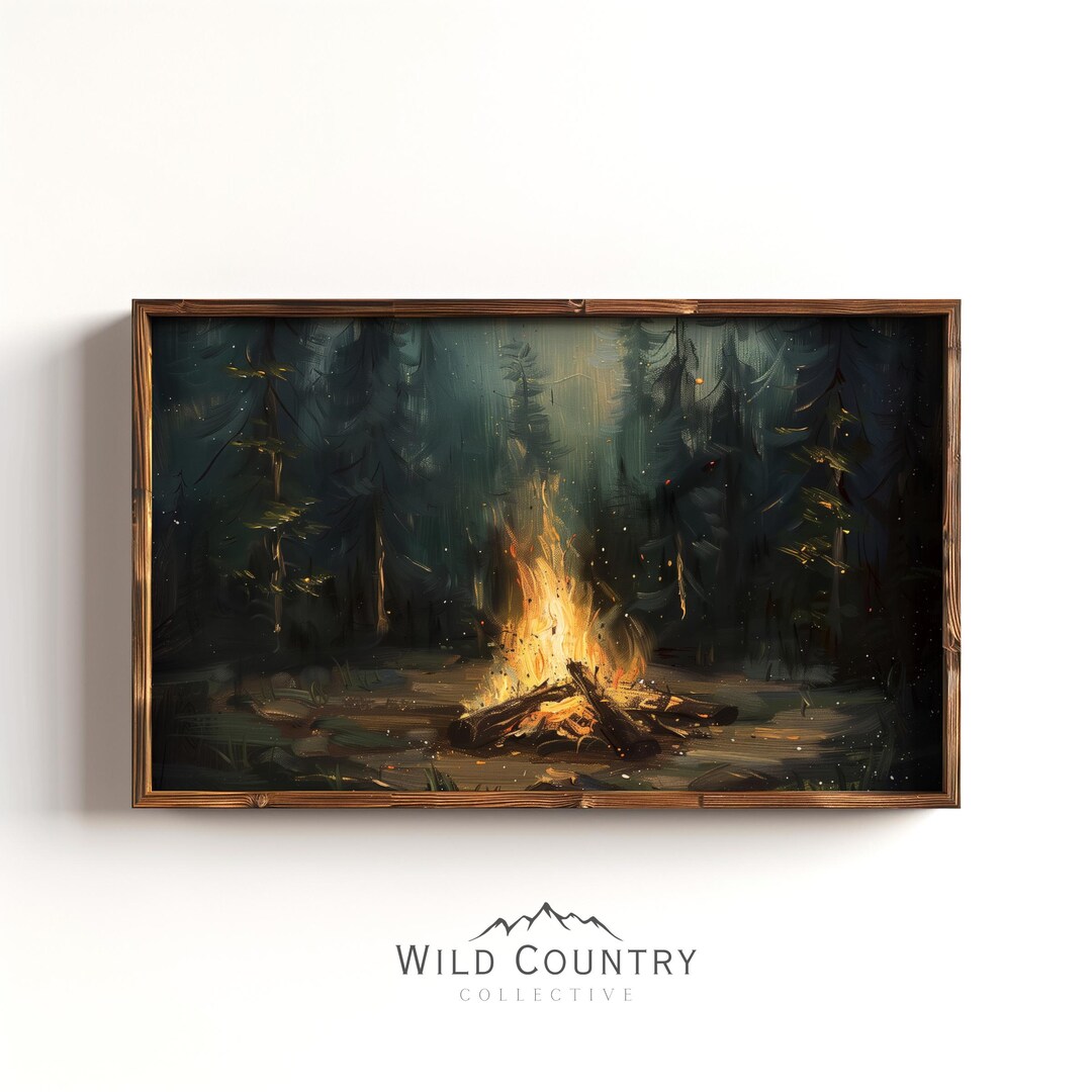 Rustic Campfire Art Print, Vintage Forest Painting, Moody Pine Tree ...