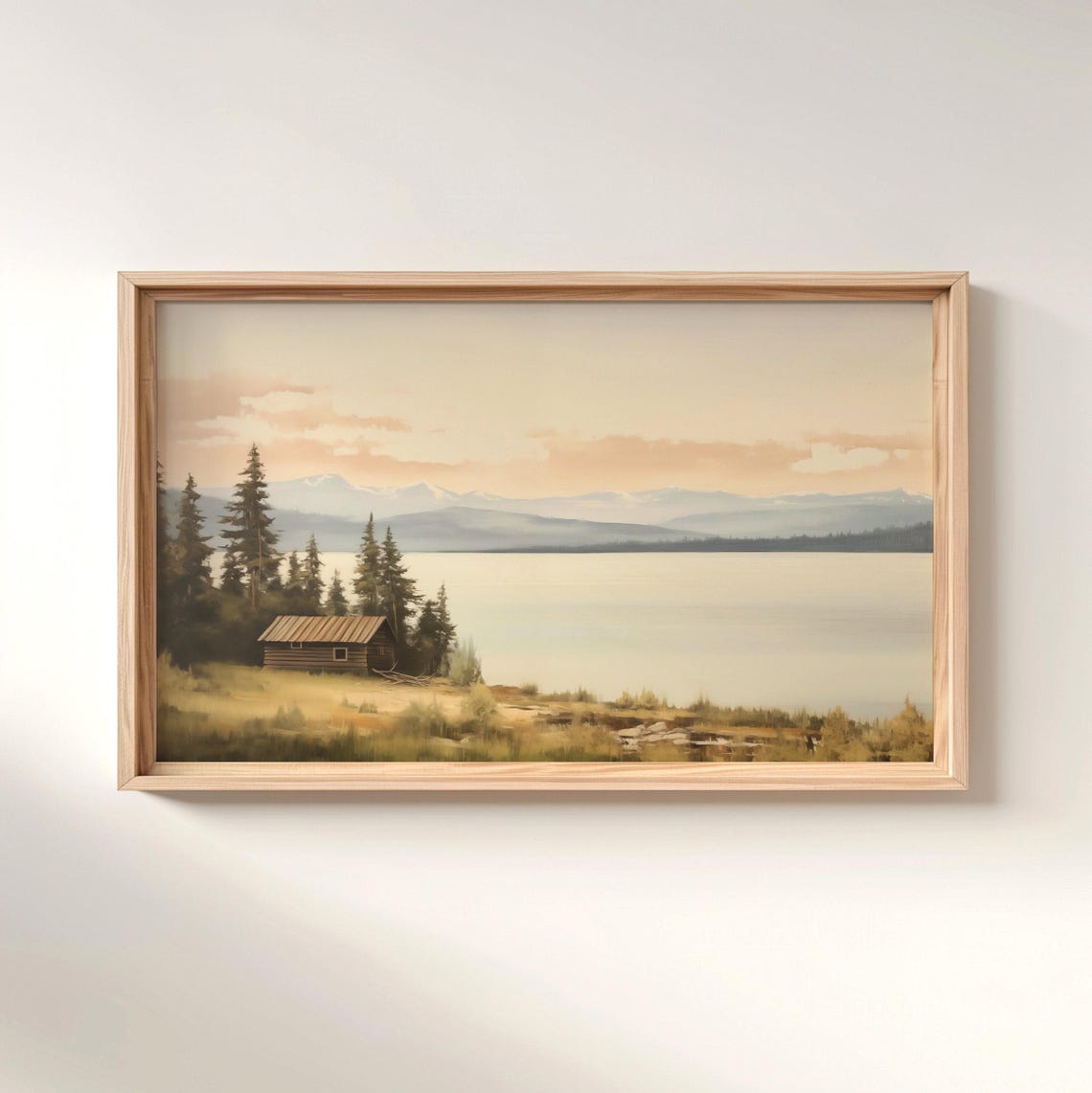 Lake View Log Cabin Oil Painting, Log Cabin Wall Art, Vintage Mountain ...
