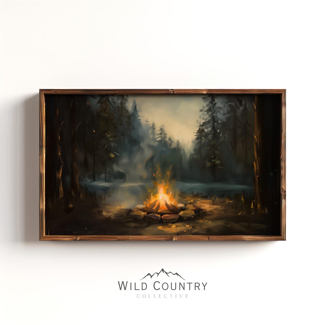 Moody Campfire Wall Art Print, Pine Tree Painting, Dark Wall Art ...