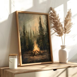 Rustic Campfire Oil Painting, Moody Pine Tree Poster Print, Camping ...
