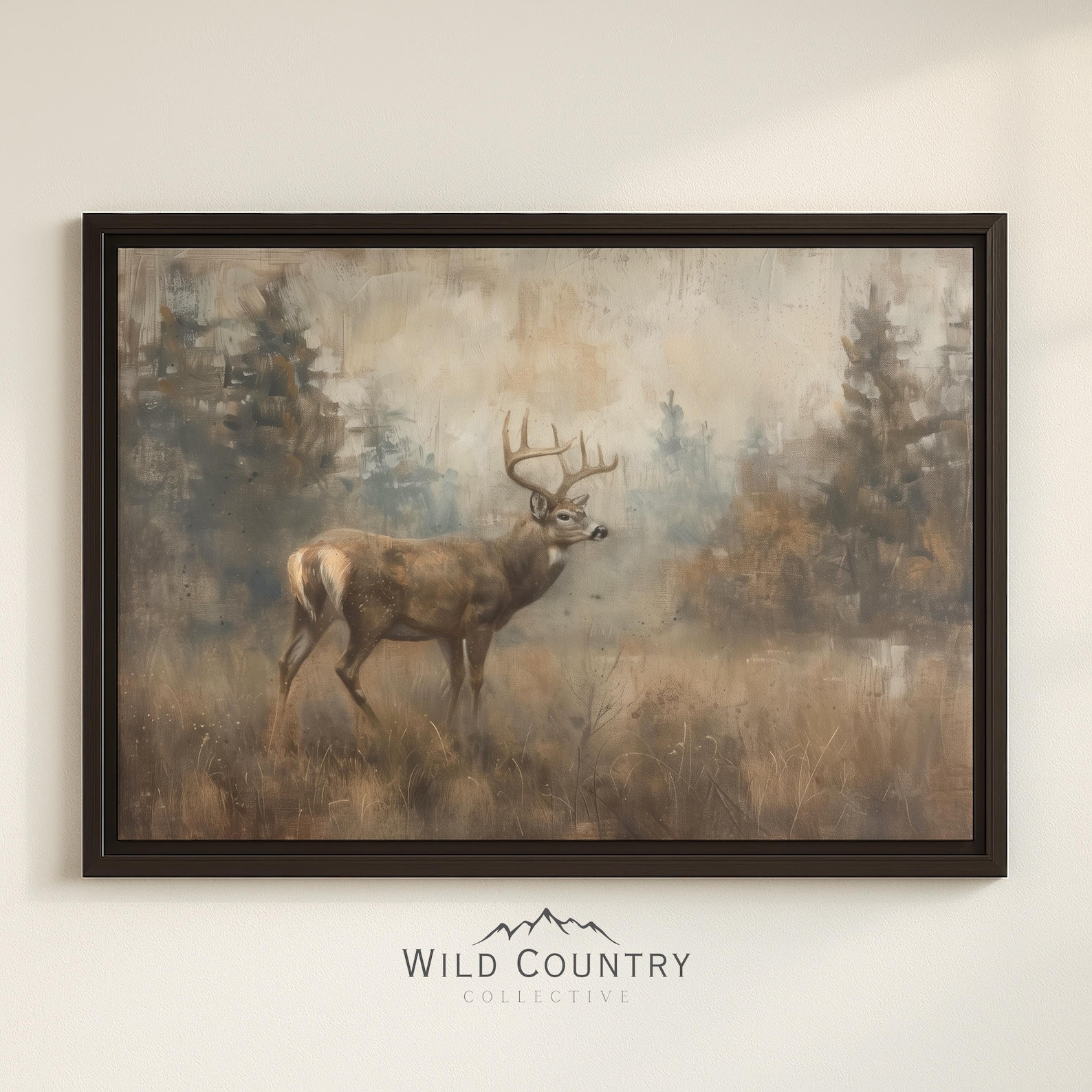 Framed Deer Canvas Rustic Wildlife Wall Art Buck in Forest Landscape ...