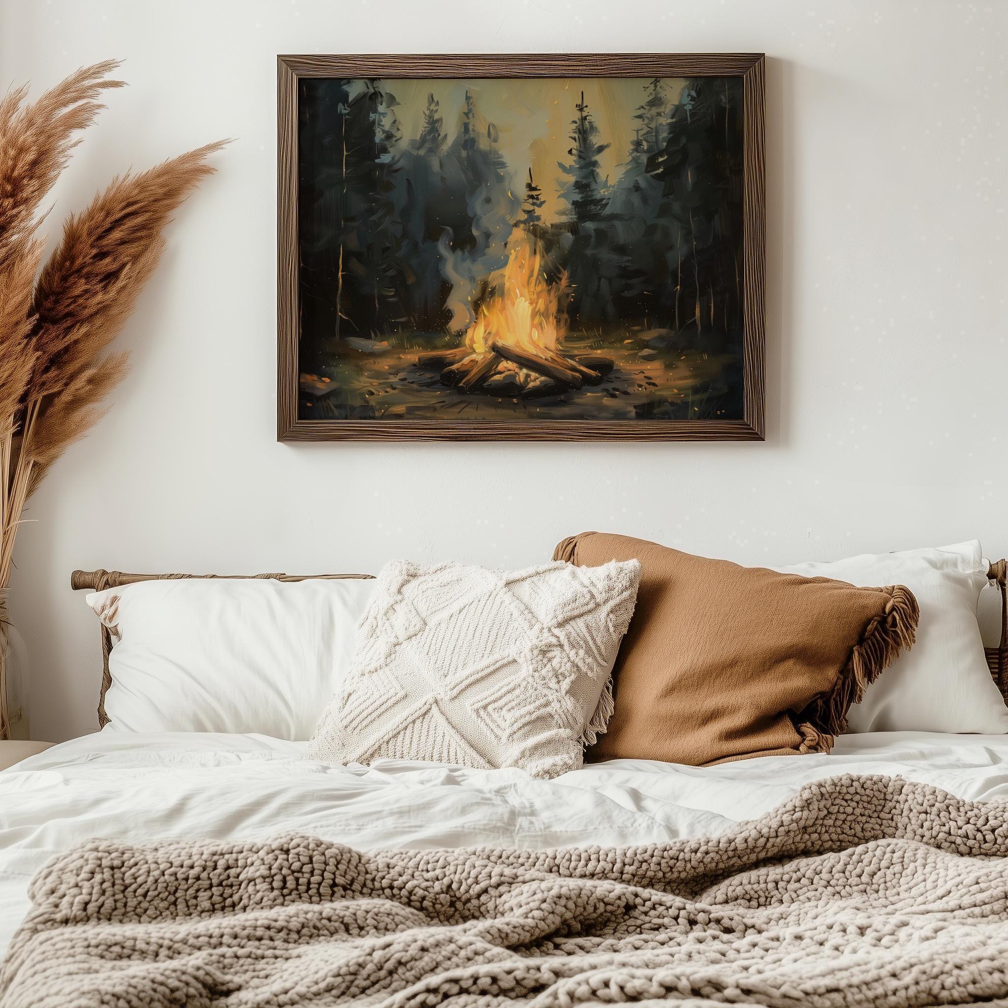 Vintage Campfire Wall Art Print, Dark Forest Painting, Rustic Wall Art ...
