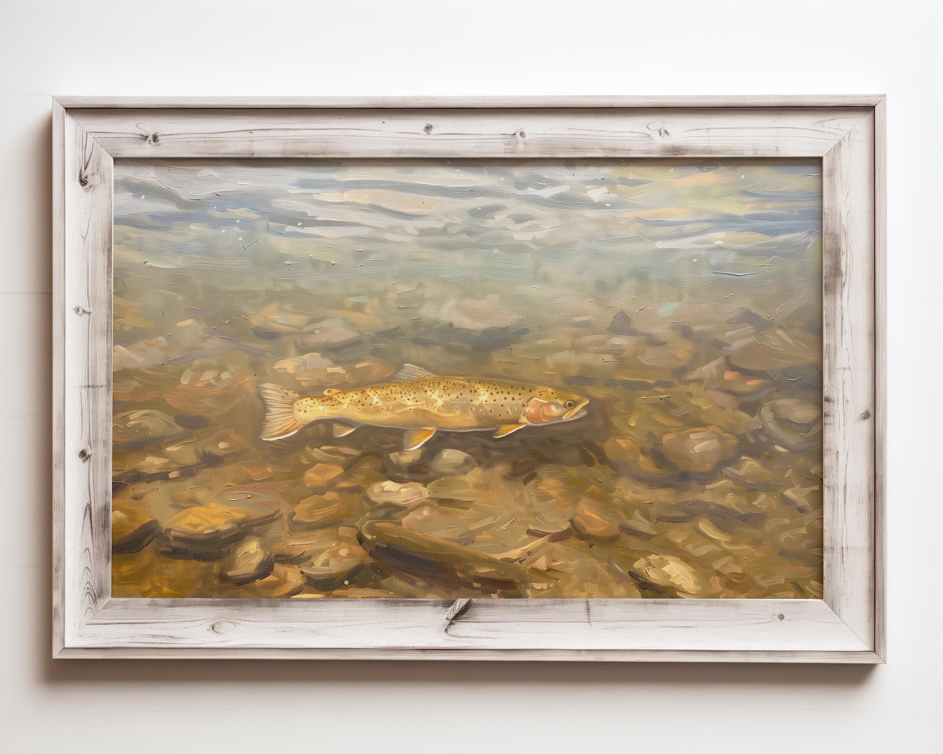 Antique Trout Oil Painting, Lake Landscape Painting, Trout Fish Wall ...
