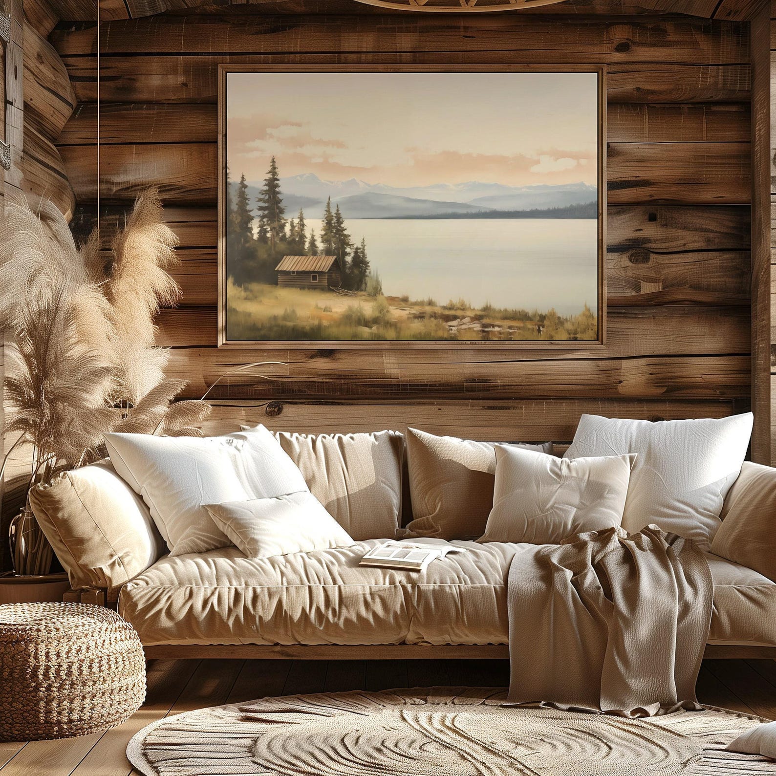 Lake View Log Cabin Oil Painting, Log Cabin Wall Art, Vintage Mountain ...