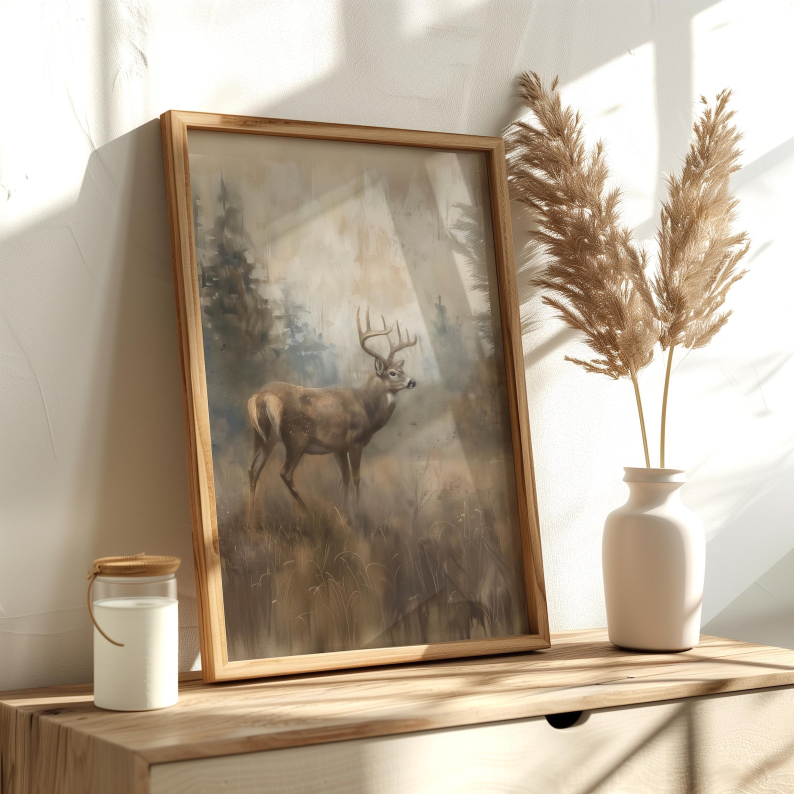 Rustic Lone Buck Art Print, Deer Landscape Painting, Cabin Wall Art ...