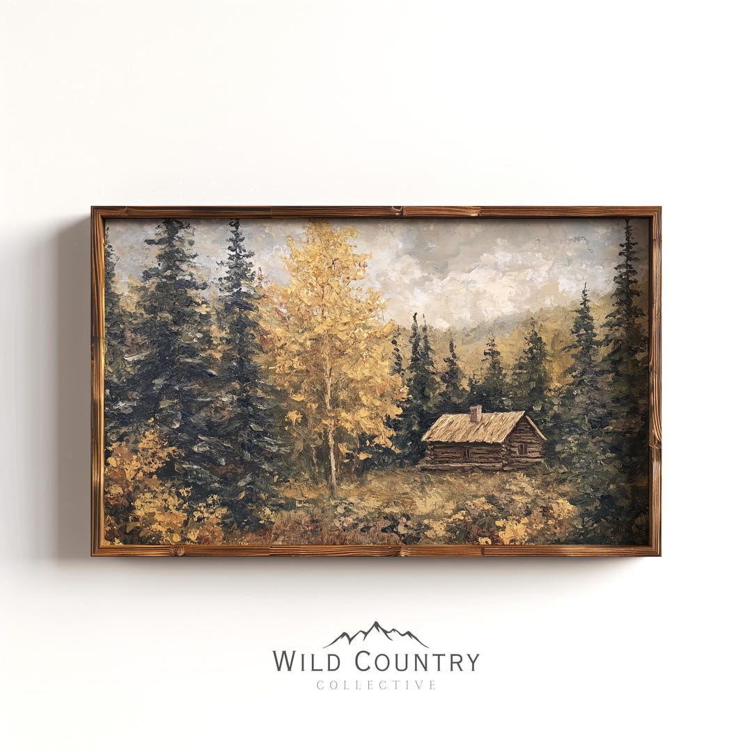 Abstract Cabin in the Woods Print, Log Cabin Art Print, Evergreen ...