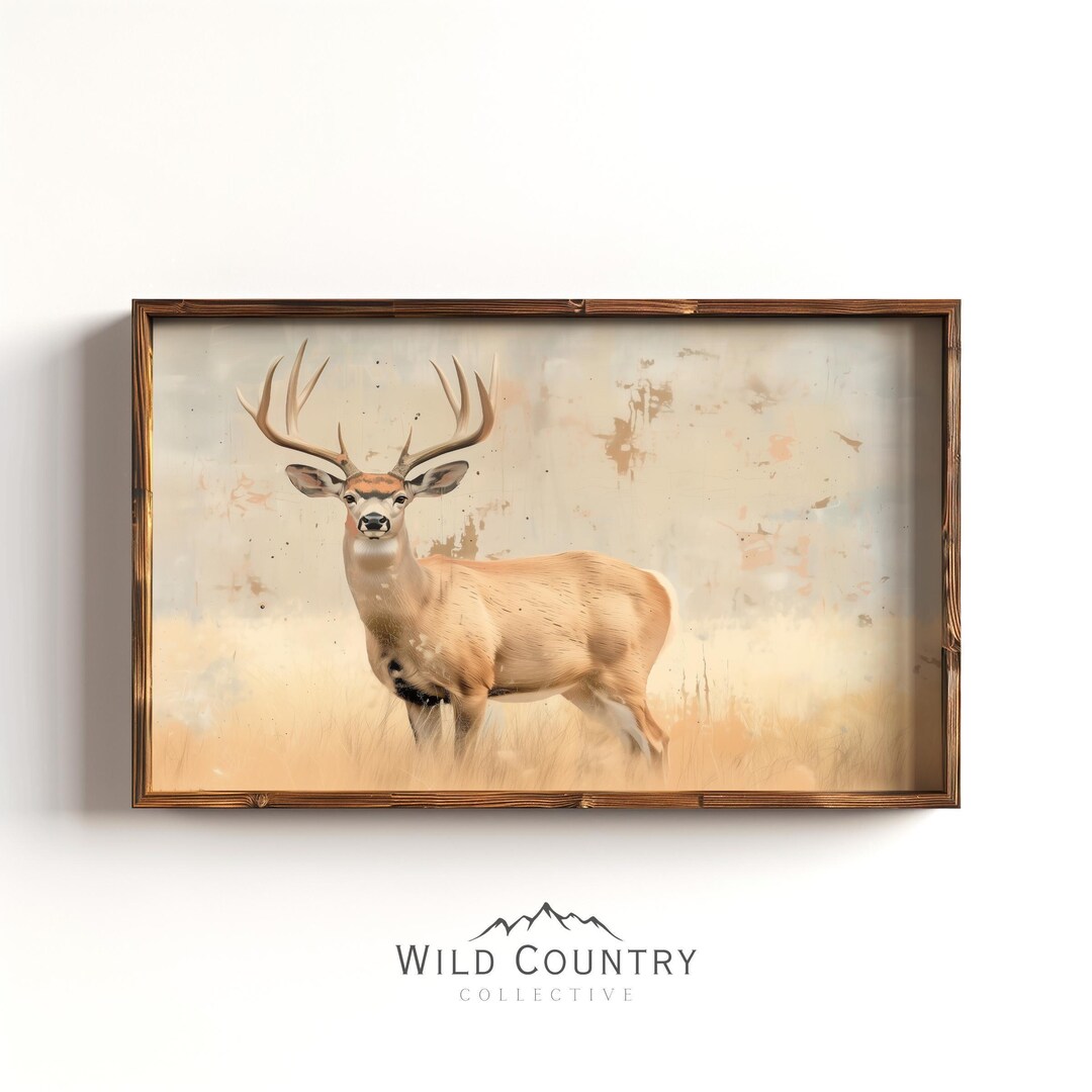 Rustic Mule Deer Buck Print, Deer Landscape Painting, Vintage Woodland ...