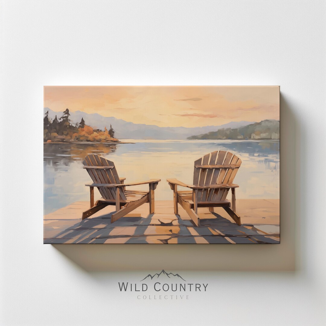 Adirondack Chairs Canvas, Boat Dock Art, Mountain Wall Art, Cabin Decor ...