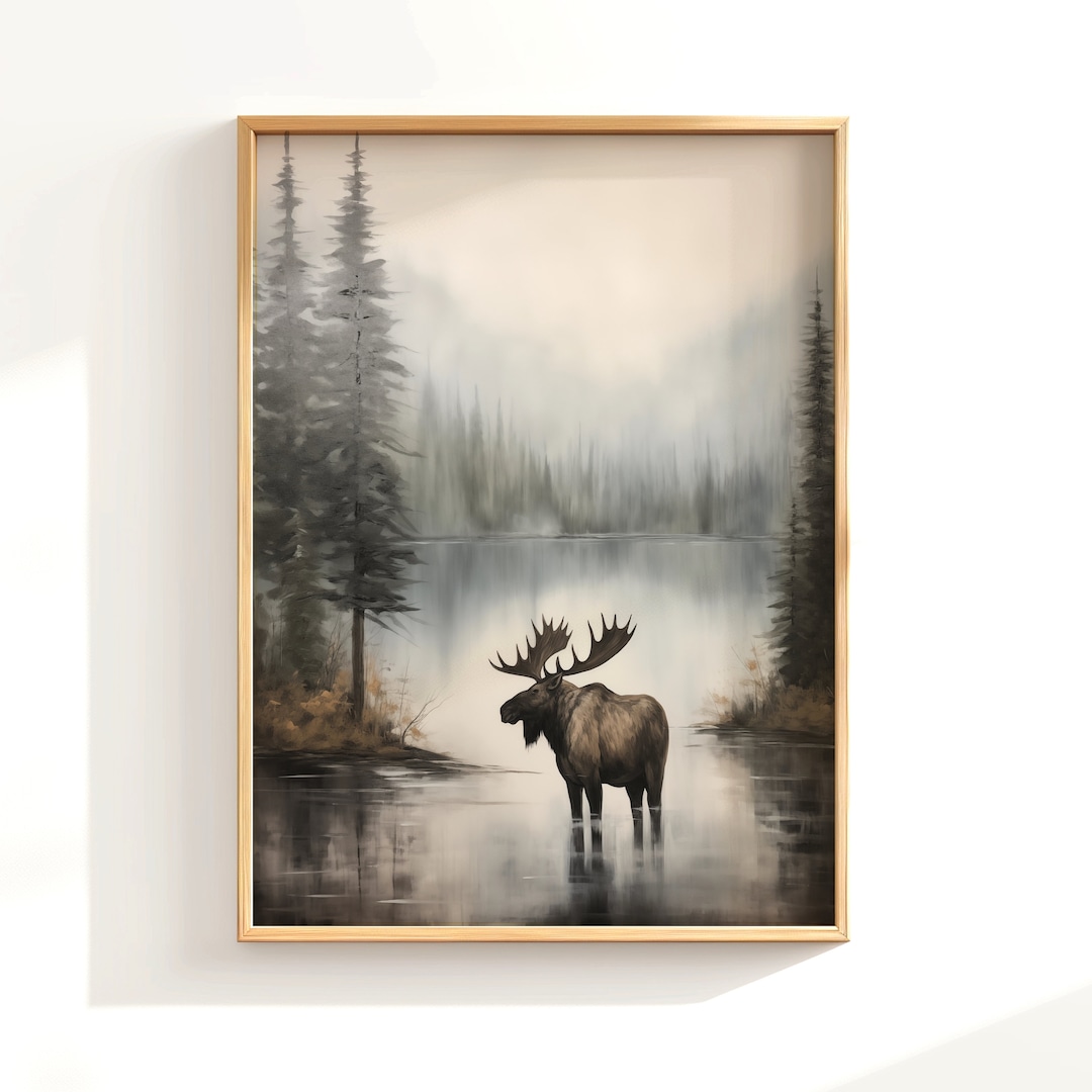 Hidden Moose Lake Print, Rustic Moose Painting, Glacier National Park, Montana, Moose Nursery ...