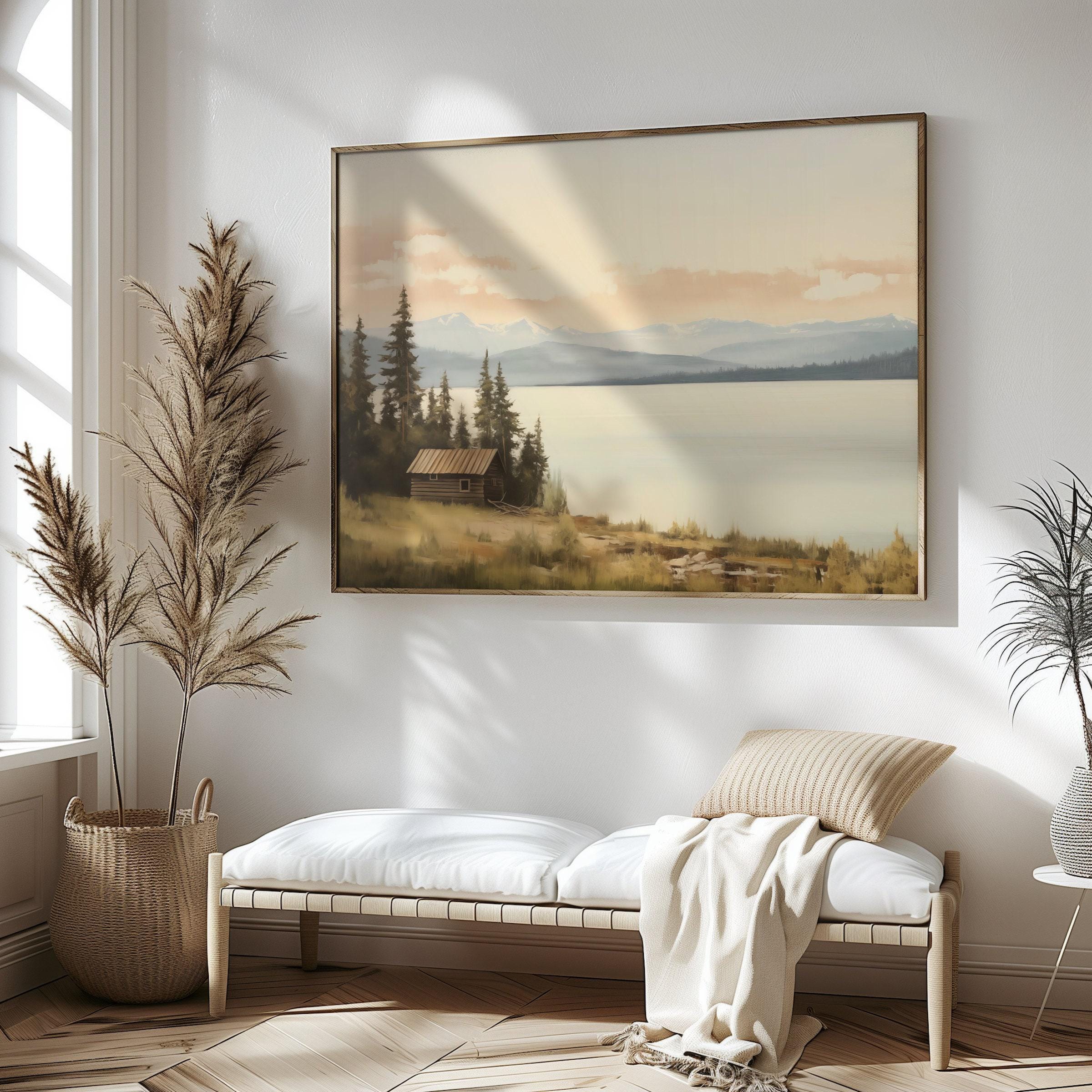 Lake View Log Cabin Oil Painting, Log Cabin Wall Art, Vintage Mountain ...