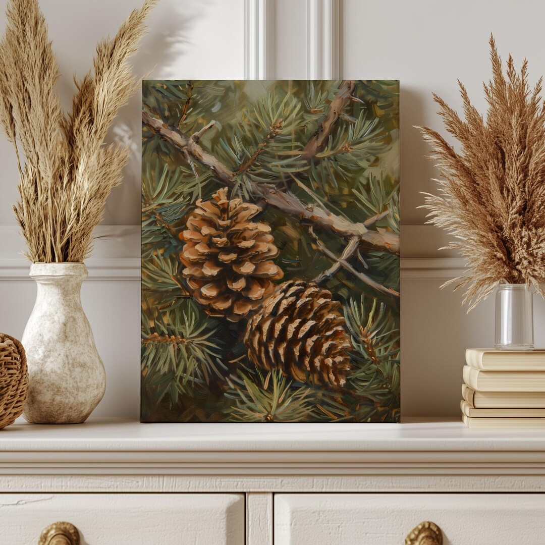 Vintage Pine Cone Canvas, Evergreen Pine Tree Art Print, Holiday Decor ...