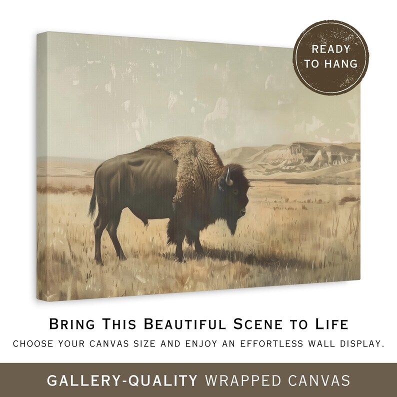 Vintage Buffalo Canvas, Western Wall Art, American Bison Painting Print ...