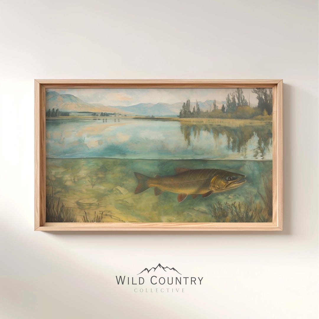 Printable Antique Trout Oil Painting, Rustic Lake Landscape Painting ...