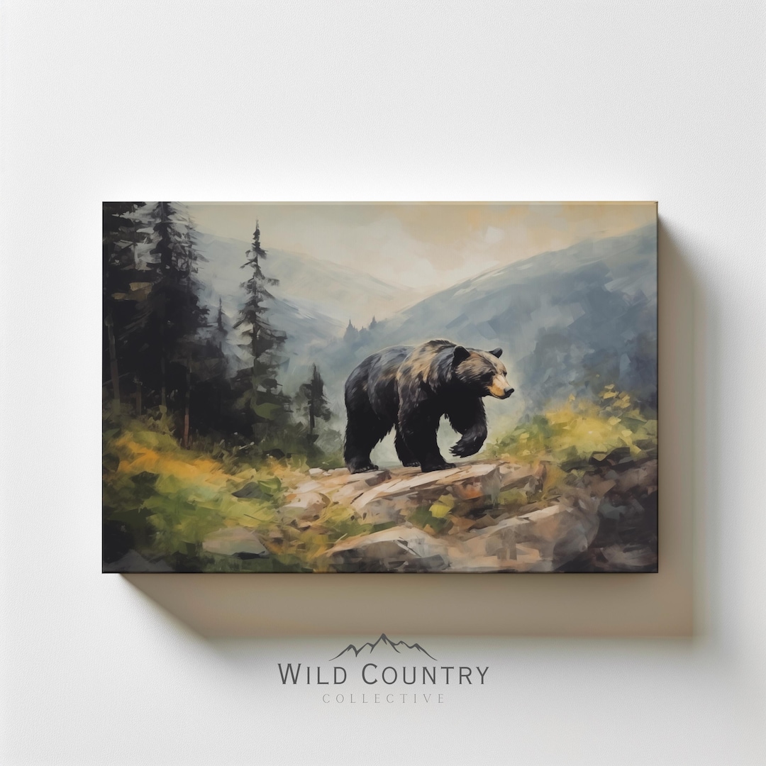 Vintage Black Bear Wall Art Canvas Black Bear Painting Rustic Forest ...