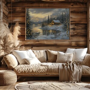 Vintage Christmas Cabin Art Print, Snowy Trees Wall Art, Christmas Wall ...