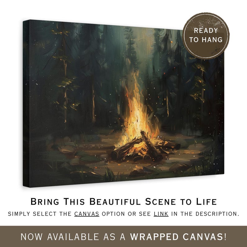 Rustic Campfire Art Print, Vintage Forest Painting, Moody Pine Tree ...