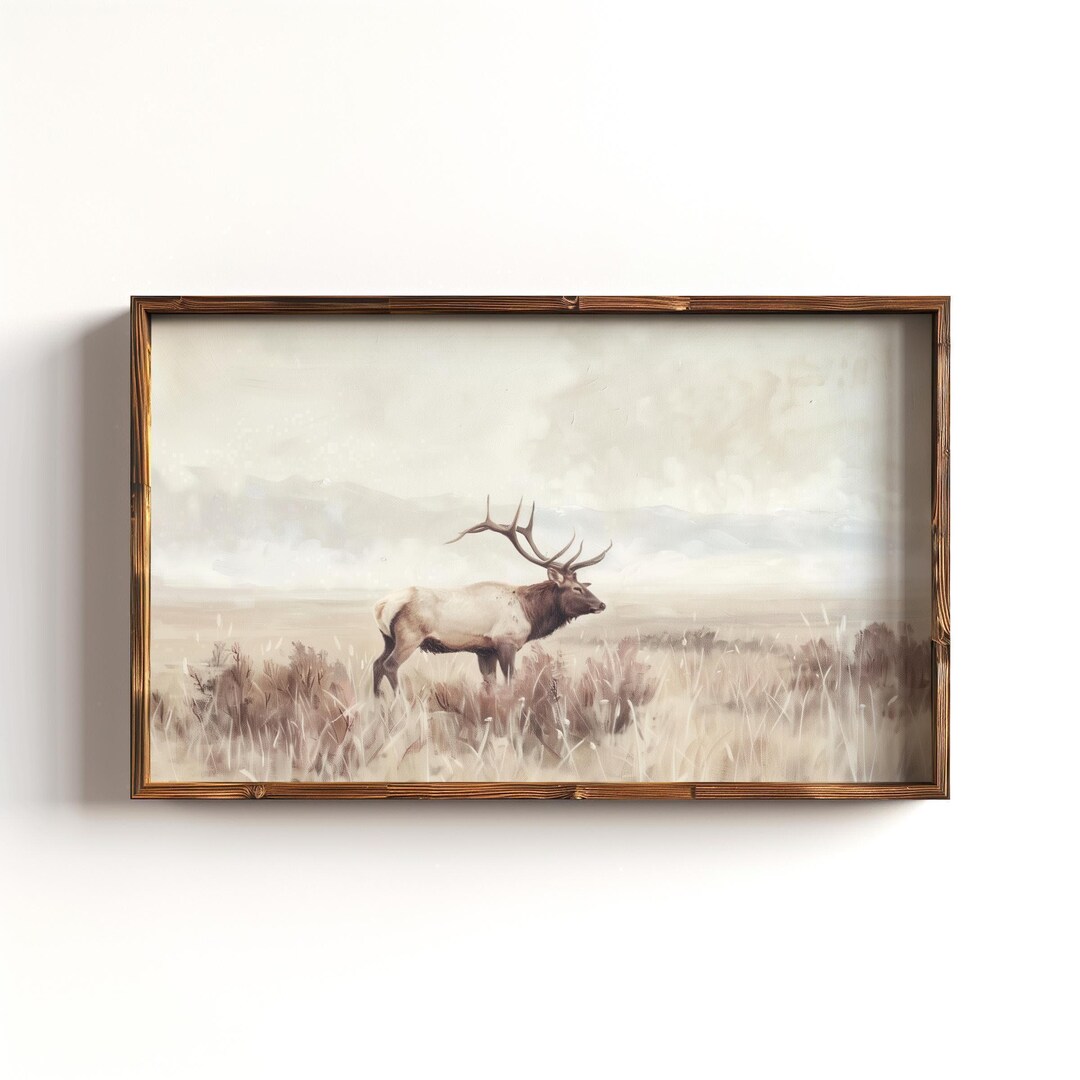 Vintage Elk Painting, Rustic Cabin Decor, Montana Wall Art, Muted ...