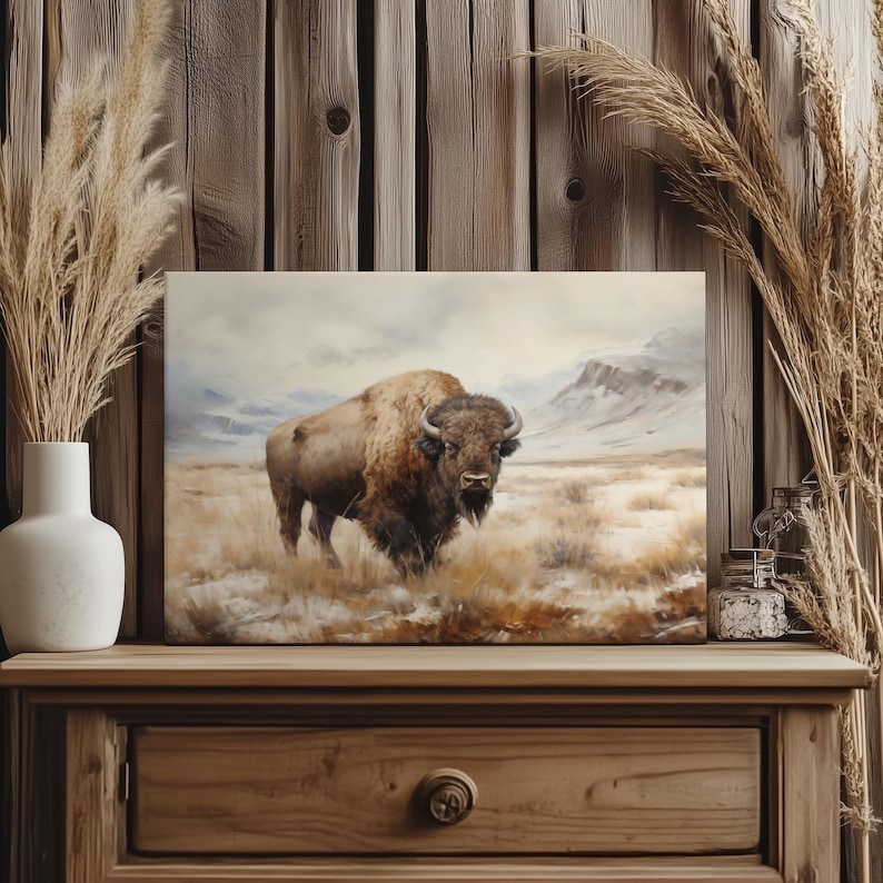 Vintage Buffalo Matte Canvas, American Bison Oil Painting Print on ...
