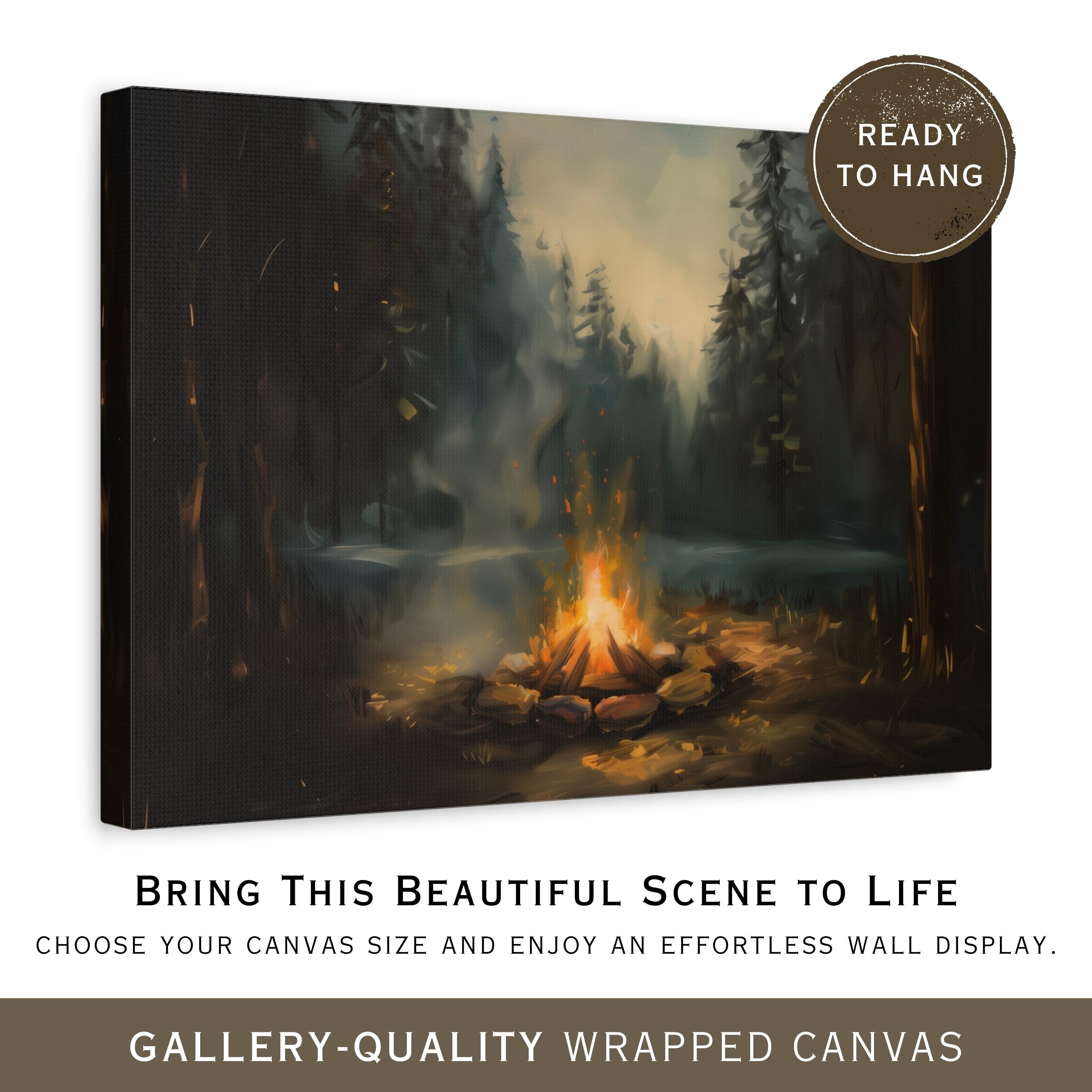 Moody Campfire Matte Canvas Print, Camping Theme Wall Art, Rustic Cabin ...