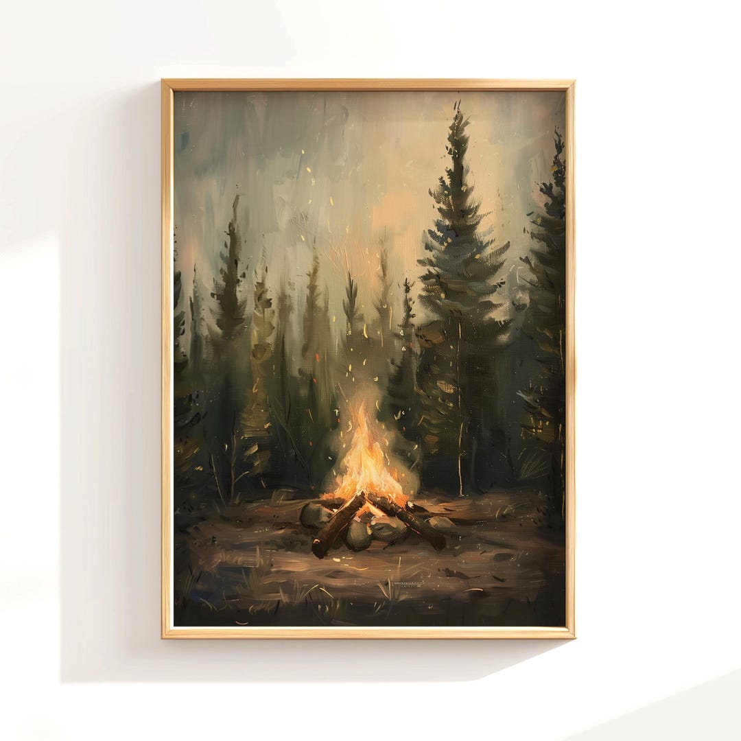 Rustic Campfire Oil Painting, Moody Pine Tree Poster Print, Camping ...