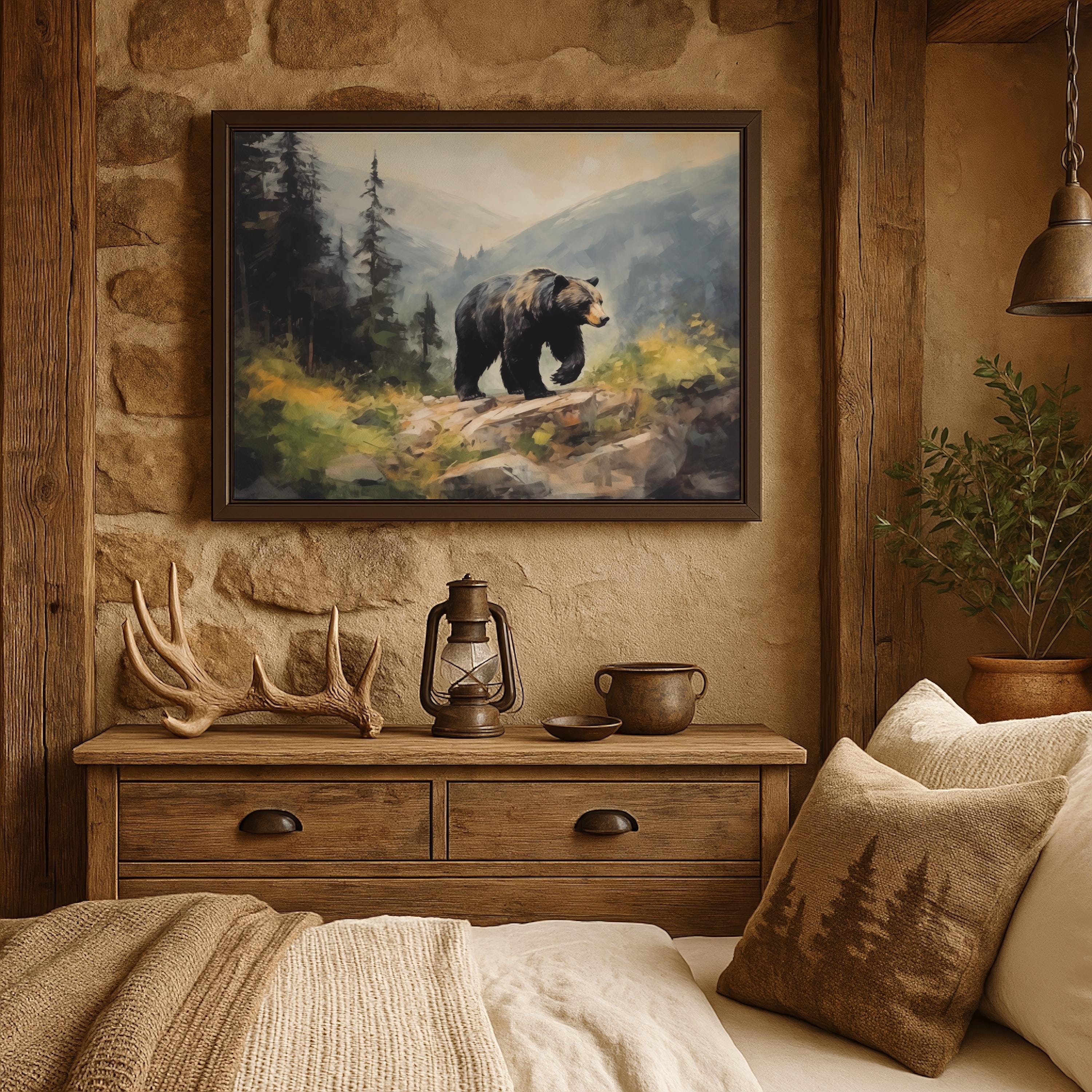 Framed Black Bear Wall Art Vintage Forest Landscape Wild Animal Art ...