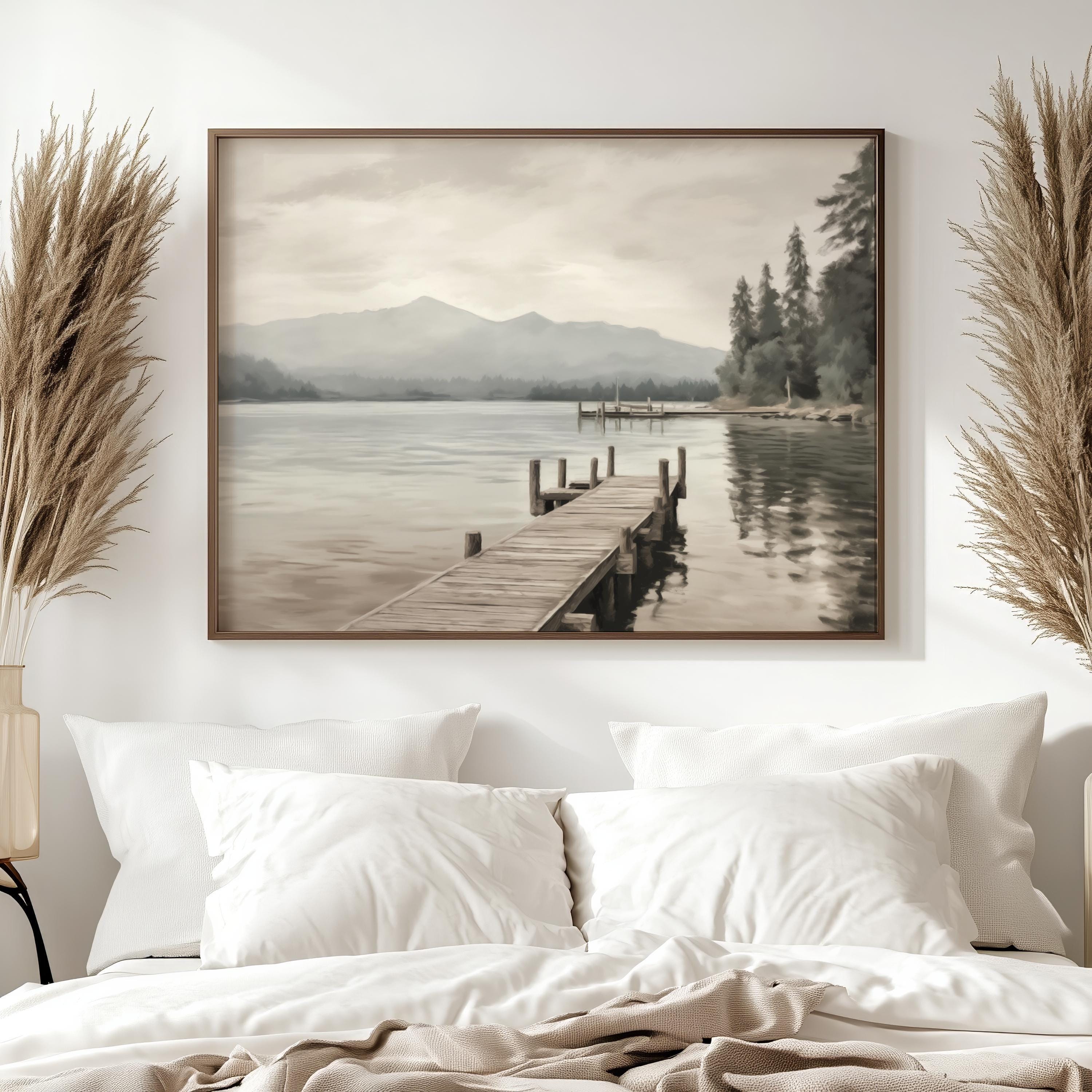 Dockside Lake Poster Print, Calm Lake Oil Painting, Vintage Lake View ...