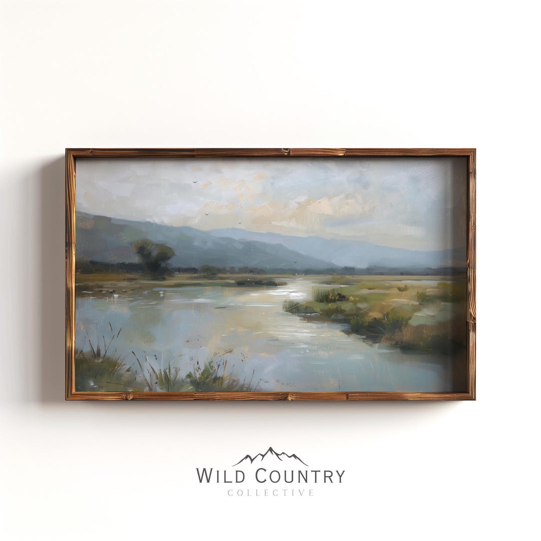 Printable Moody River Painting, Muted River Landscape Print, Dark ...