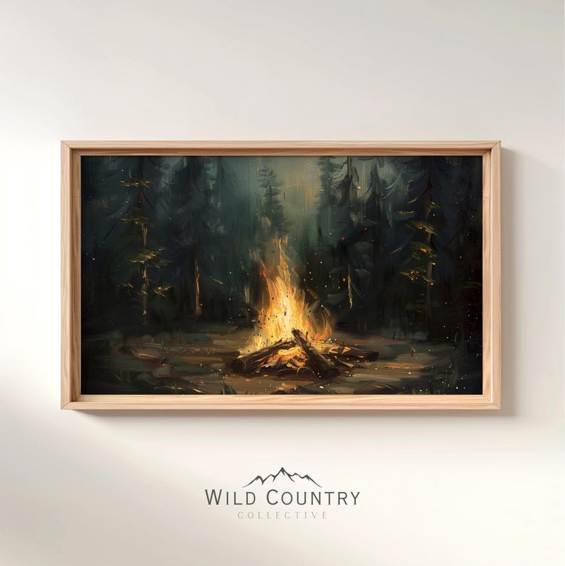 Rustic Campfire Art Print, Vintage Forest Painting, Moody Pine Tree ...