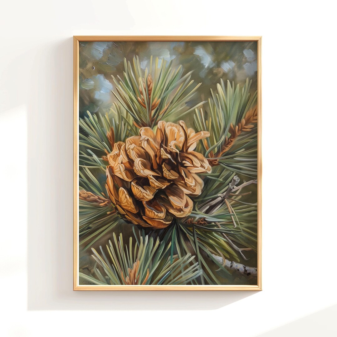 Vintage Pine Cone Art Print, Pine Tree Oil Painting, Evergreen Pine ...