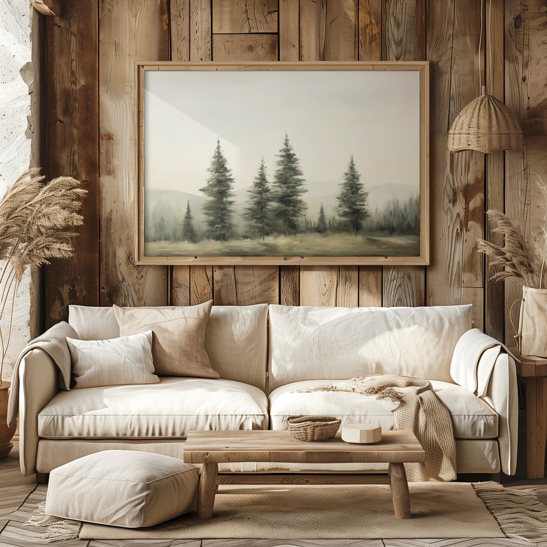 Muted Pine Tree Forest Poster Print, Vintage Pine Tree Print, Evergreen Trees Painting, Woodland ...