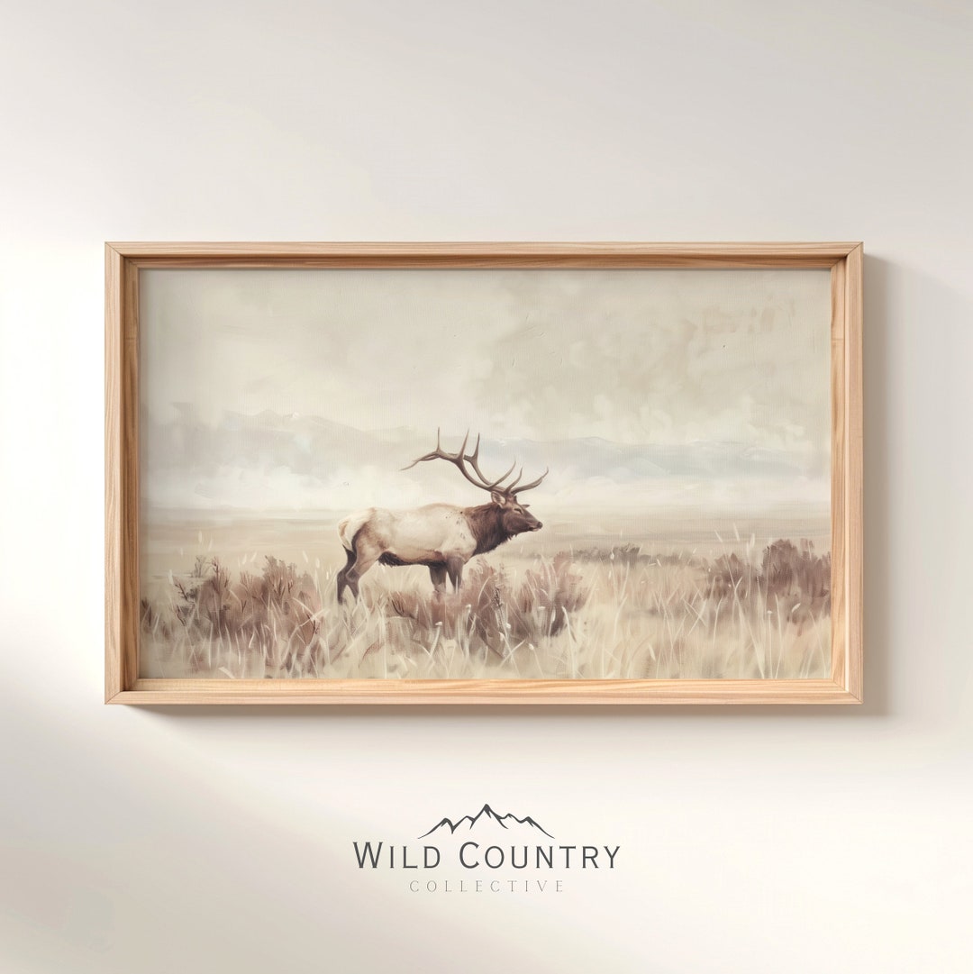 Vintage Elk Painting, Rustic Cabin Decor, Montana Wall Art, Muted ...